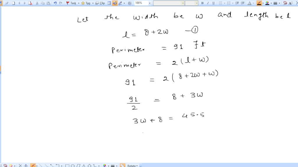 SOLVED: The perimeter of a rectangle is 91 feet and the length is 8 ...