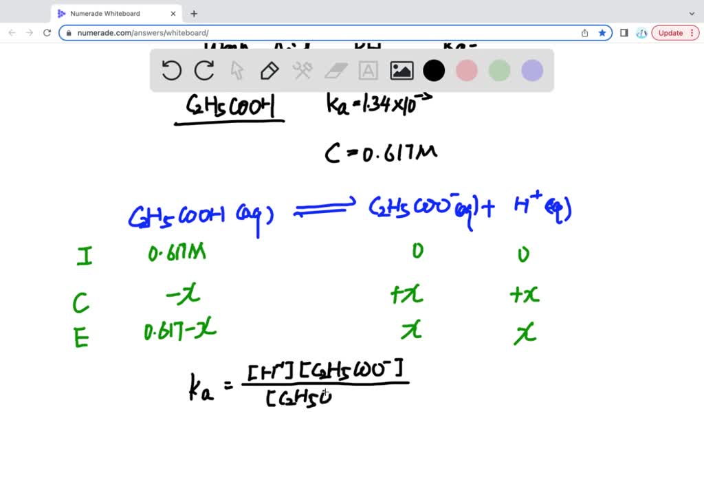 SOLVED: The Ka of propanoic acid (C2H5COOH) is 1.34 × 10-5. Calculate ...
