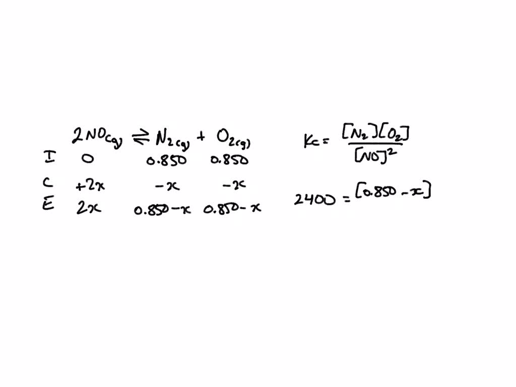 The reaction 2 NO(g) ⇌ N2(g) + O2(g) has a Kc value of 2400 at 2000 K ...