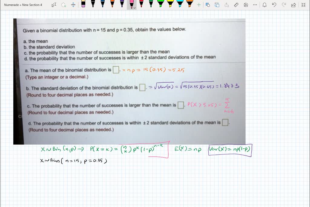 SOLVED: Given binomial distribution with n = 5 and p = 0.50, obtain the values below: a. the ...