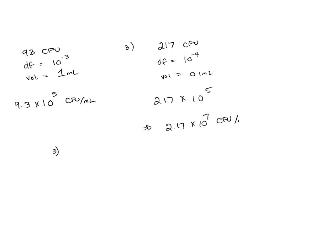 SOLVED: Complete the following calculations to determine colony forming units (CFU) per mL of a ...