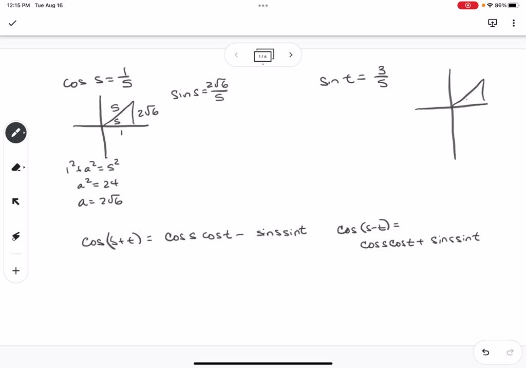 SOLVED: Use the cosine of a sum and cosine of a difference identities to find cos (s+t) and cos ...