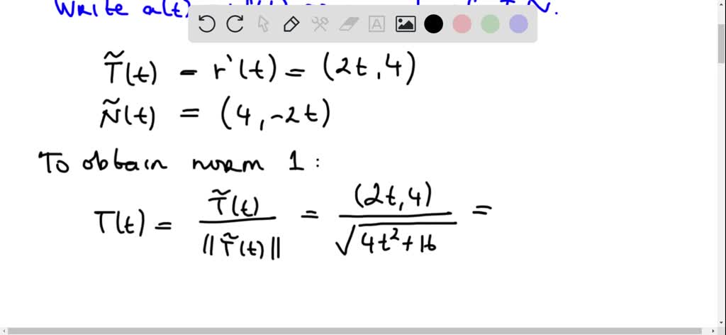 SOLVED: Let r(t) = (t^2, 4t-3). Find T(t) and N(t), and show that the decomposition of a(t) into ...