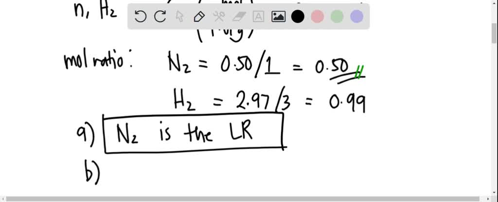SOLVED: 14g of N2 reacts with 6g of H2 to form ammonia. 1. Identify the limiting reagent 2 ...