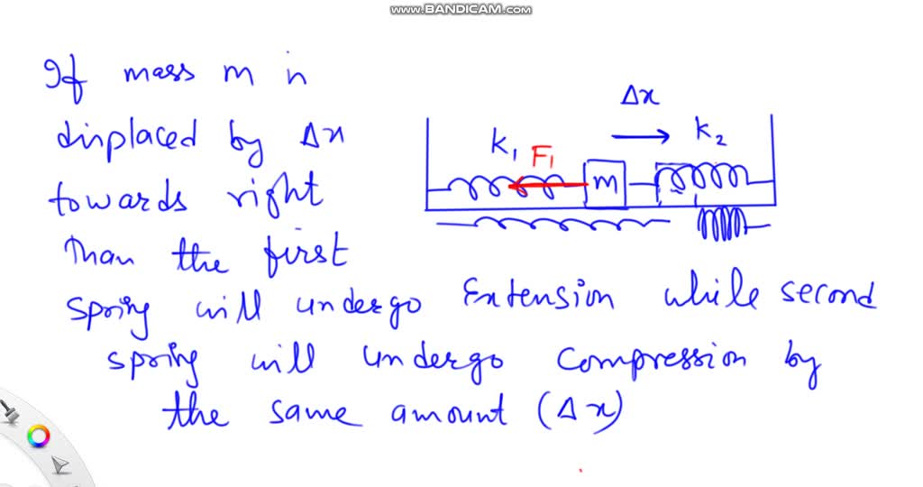 SOLVED: (2) A mass m is mounted between two springs with constants k1 and k2 (see figure below ...
