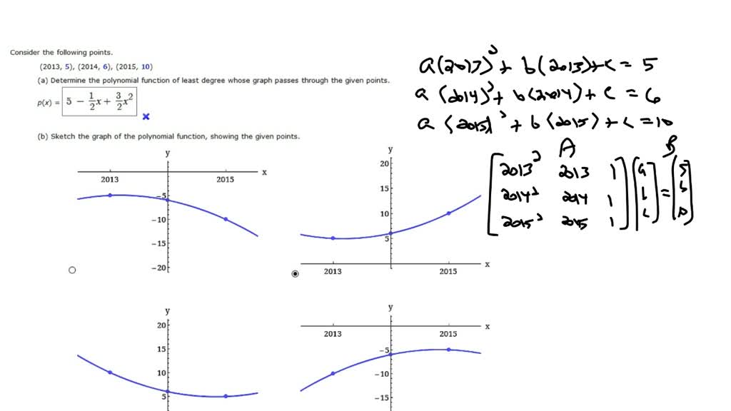 SOLVED: Consider the following points (2013, 5), (2014 6) , (2015 10) (a) Determine the ...
