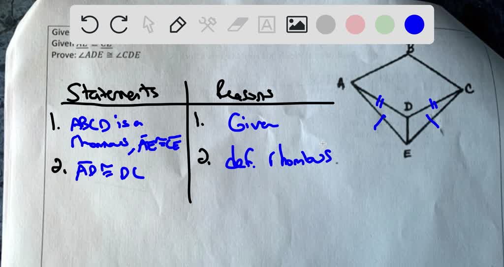 SOLVED: Given ABCD is a rhombus. Given AE = CE. Prove: ADE â‰… CDE.
