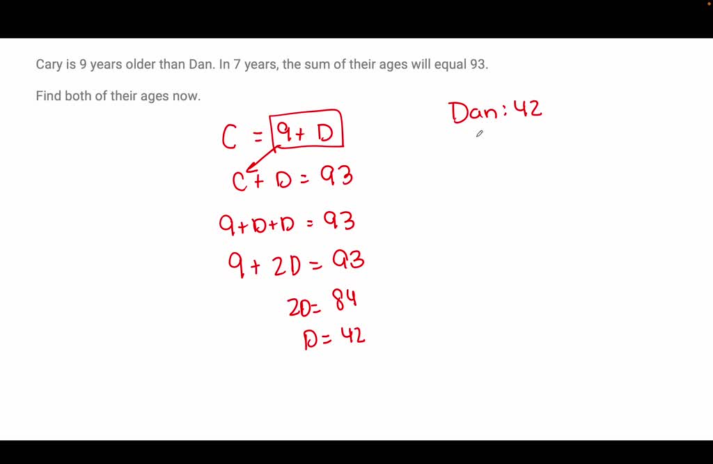 SOLVED: Cary is 9 years older than Dan. In 7 years, the sum of their ...