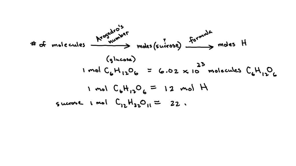 SOLVED: How many moles of hydrogen atoms are present in 8.09x1024 molecules of sucrose (C6H12O6)?