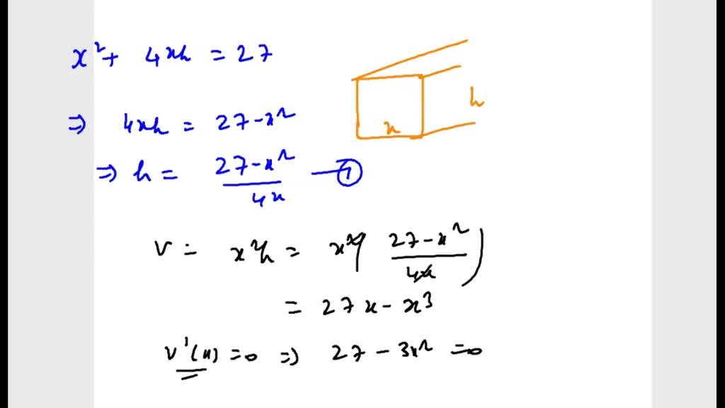 SOLVED: A rectangular box without lid is to be made from 27m^2 of card board. find the maximum ...