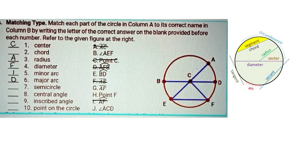 SOLVED: A Matching Type. Match each part of the circle in Column A to its correct name in Column ...