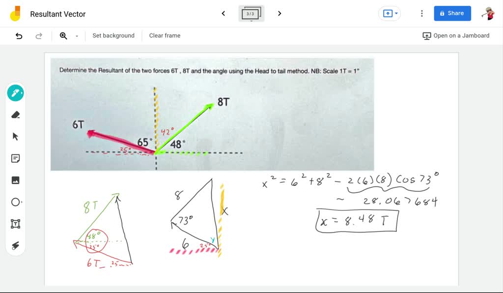 SOLVED: Determine the Resultant of the two forces 6T 8T and the angle using the Head to tail ...