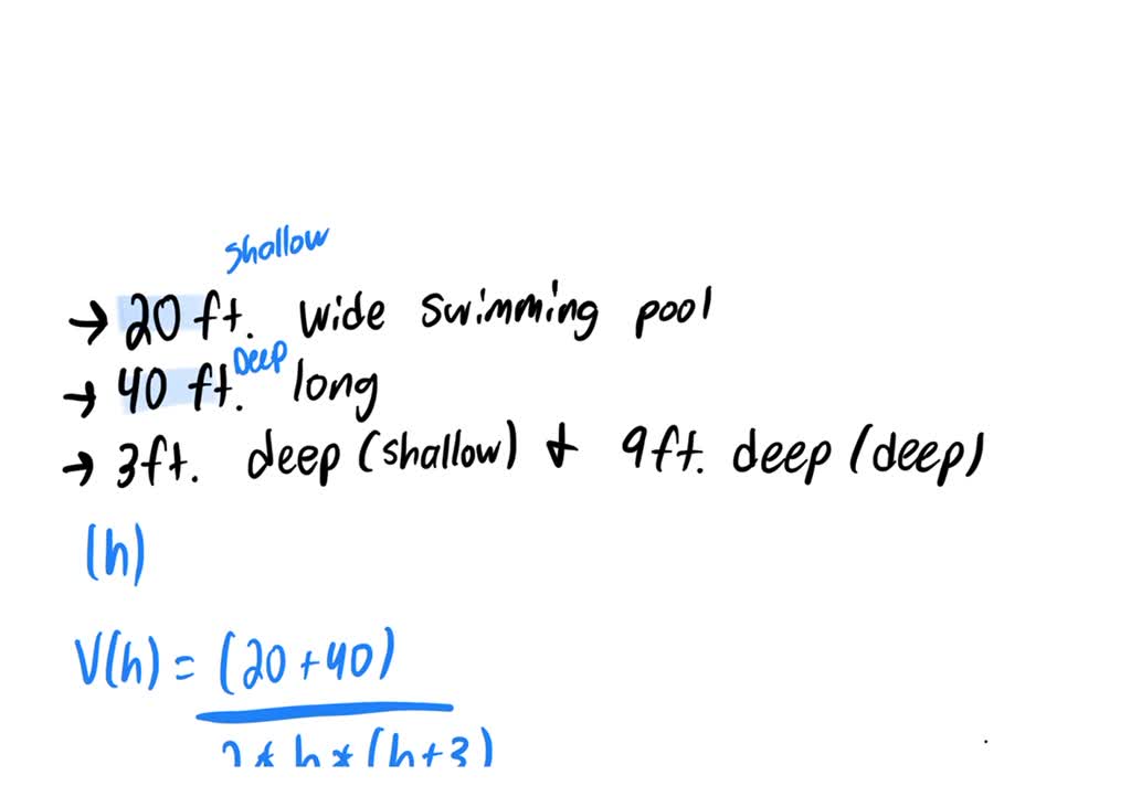 A swimming pool is 20 ft wide, 40 ft long, 3 ft deep at the shallow end ...