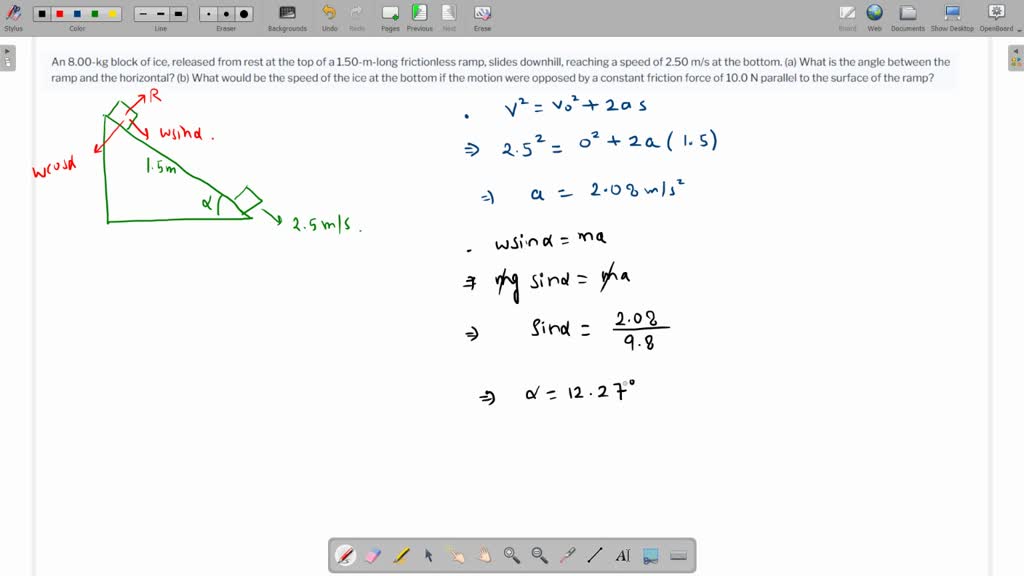 An 8.00-kg block of ice, released from rest at the top of a 1.50-m-long frictionless ramp ...