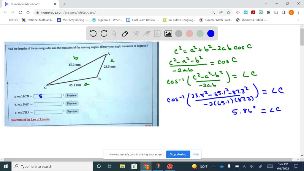 SOLVED: Sine and Cosine rules Find the missing angles (x, y, θ) by using the appropriate formula ...
