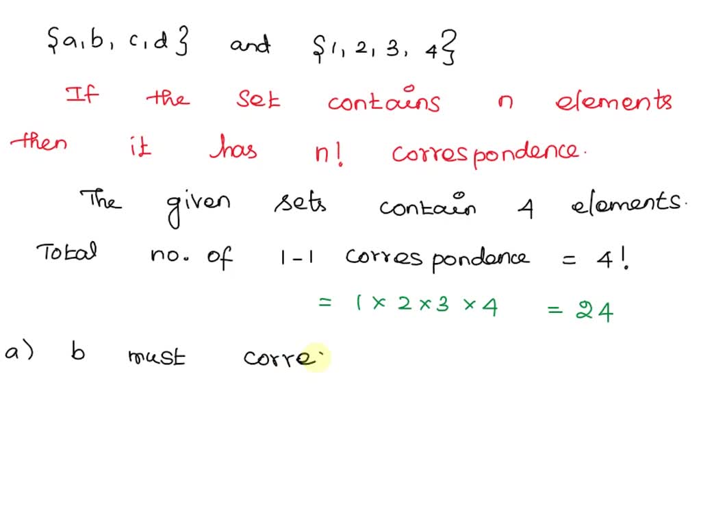 SOLVED: How many one-to-one correspondences are there between the sets x, y, z, u, v and 2, 3, 5 ...