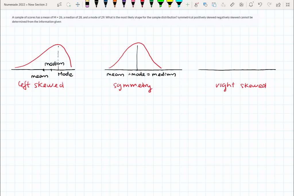 A sample of scores has a mean of M = 26, a median of 28, and a mode of ...