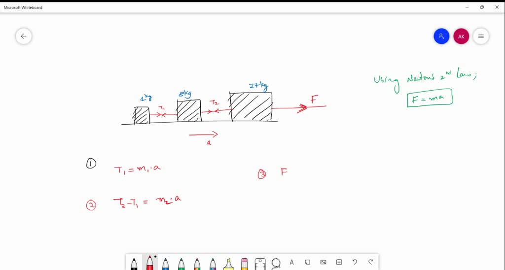 Three blocks connected together by strings are pulled along a ...