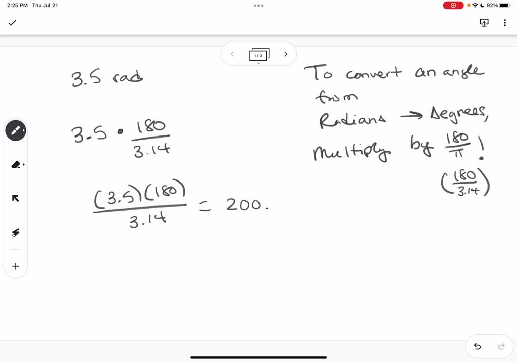 SOLVED: Please help! 40pts An angle measuring 3.5 radians is equal to ...