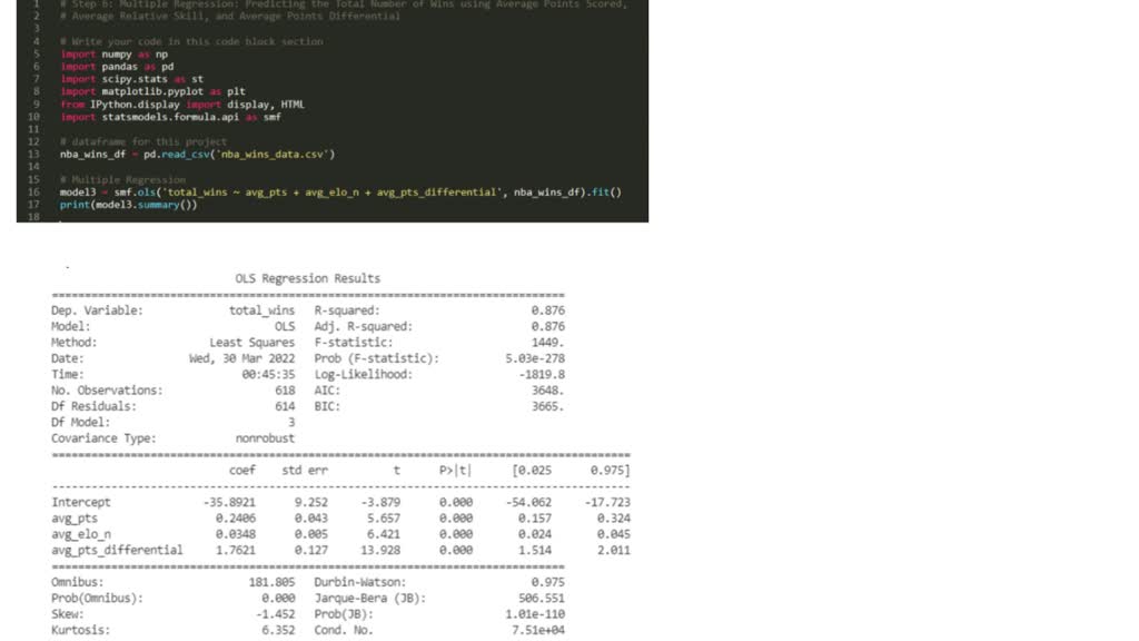 SOLVED: Step 6: Multiple Regression: Predicting the Total Number of Wins using Average Points ...