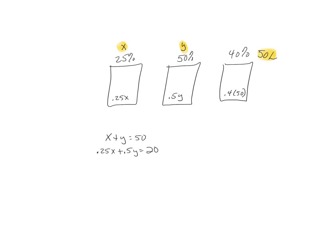 SOLVED: Fifty liters of a 40% acid solution is obtained by mixing a 25% ...