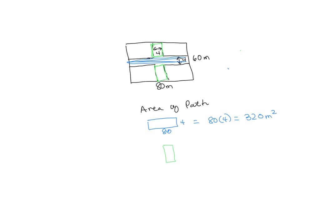SOLVED: A grassy plot is 80m x 60m. Two cross paths, each 4m wide, are ...