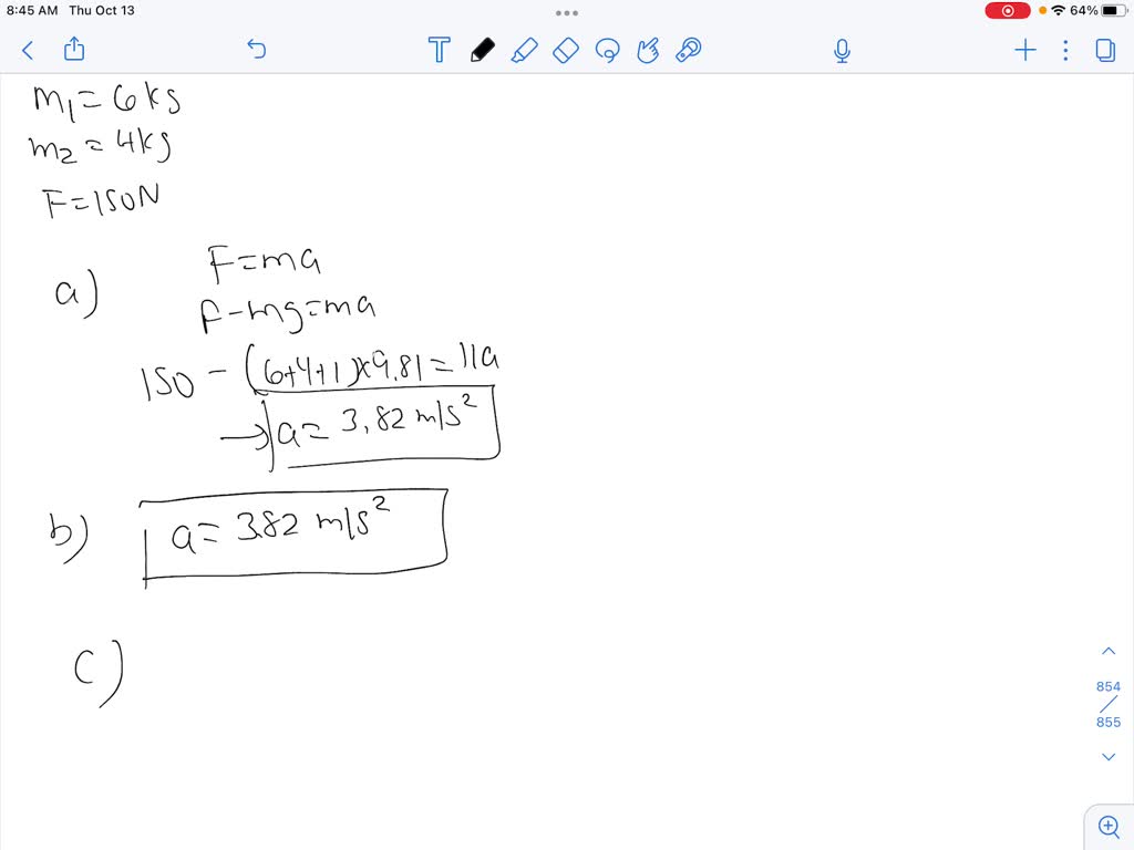 SOLVED: Two blocks, m1=6 kg and m2=4 kg are connected by a 1-kg rope. A constant force F=150 N ...