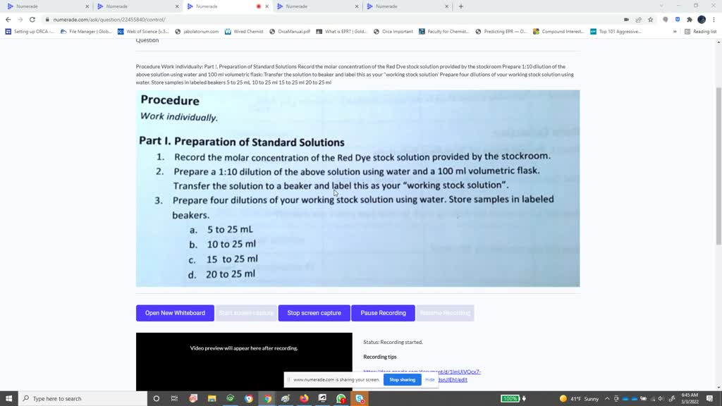 SOLVED: Part 1. Preparation of Standard Solutions Record the molar ...