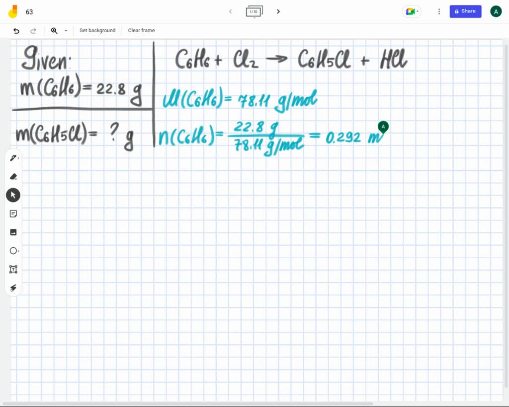 Using the equation C6H6+Cl2–>C6H5Cl+HCl, what is the theoretical yield ...