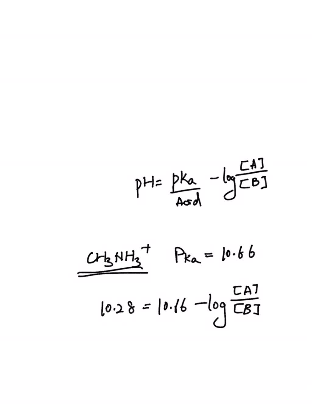 SOLVED: Calculate the ratio of CH3NH2 to CH3NH3Cl required to create a buffer with pH = 10.28.