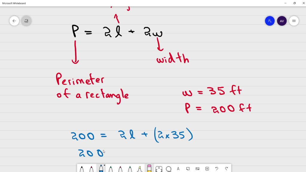 SOLVED: Use the formula P = 2l + 2w to find the length l of a ...