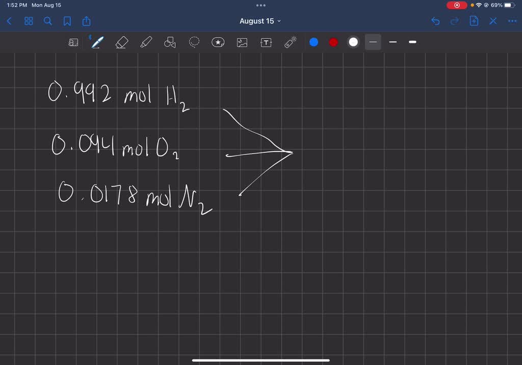 SOLVED: A certain sample of gas contains 2.00 g of hydrogen, 3.00 g of oxygen, and 0.500 g of ...