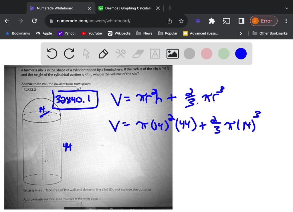 SOLVED: Find the volume of a silo that consists of a right circular cylinder with a radius of 4 ...
