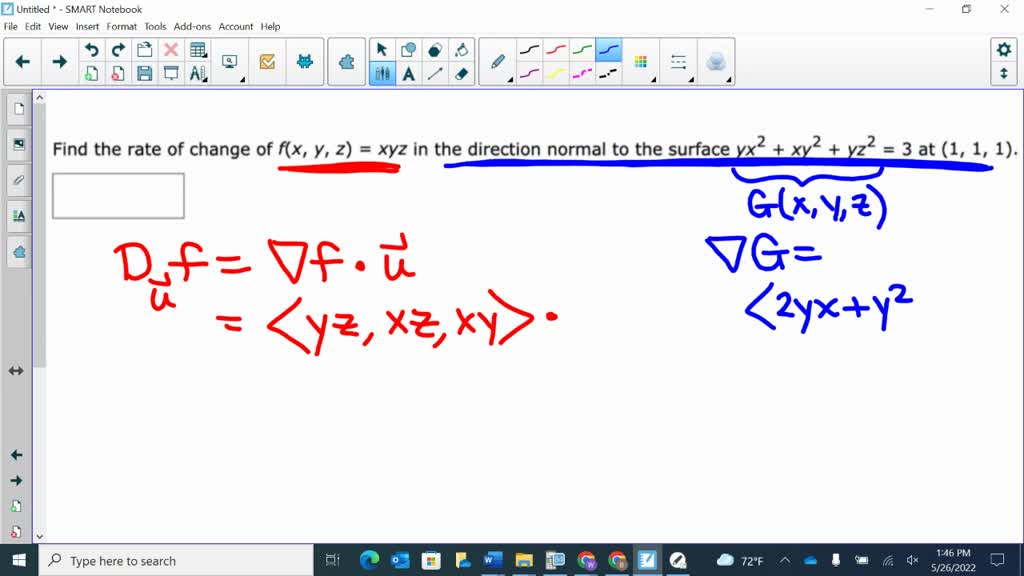 SOLVED: Find the rate of change of f(x, Y, 2) XYz in the direction normal to the surface Yx2 xy2 ...