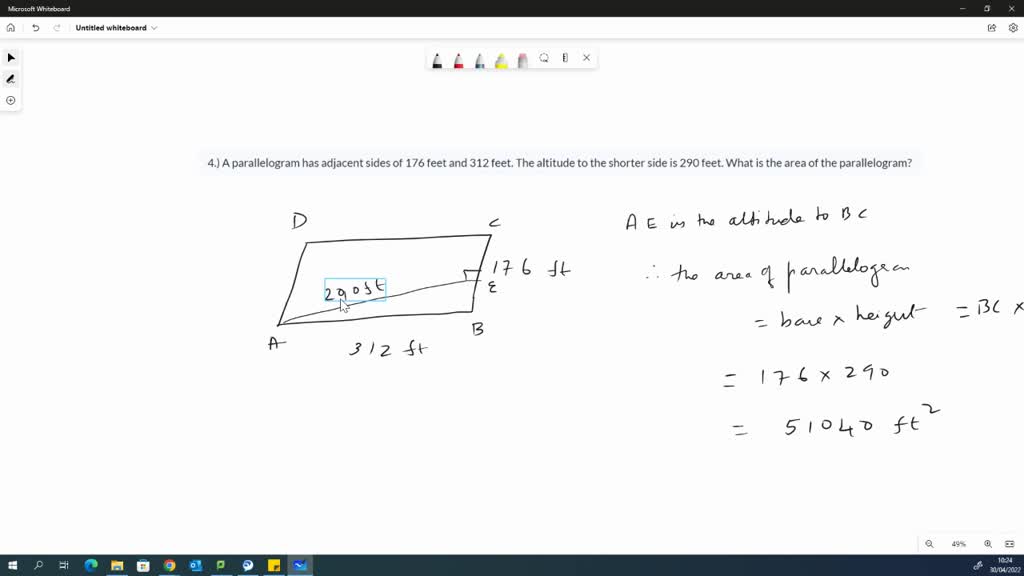 SOLVED: 4.) A parallelogram has adjacent sides of 176 feet and 312 feet ...