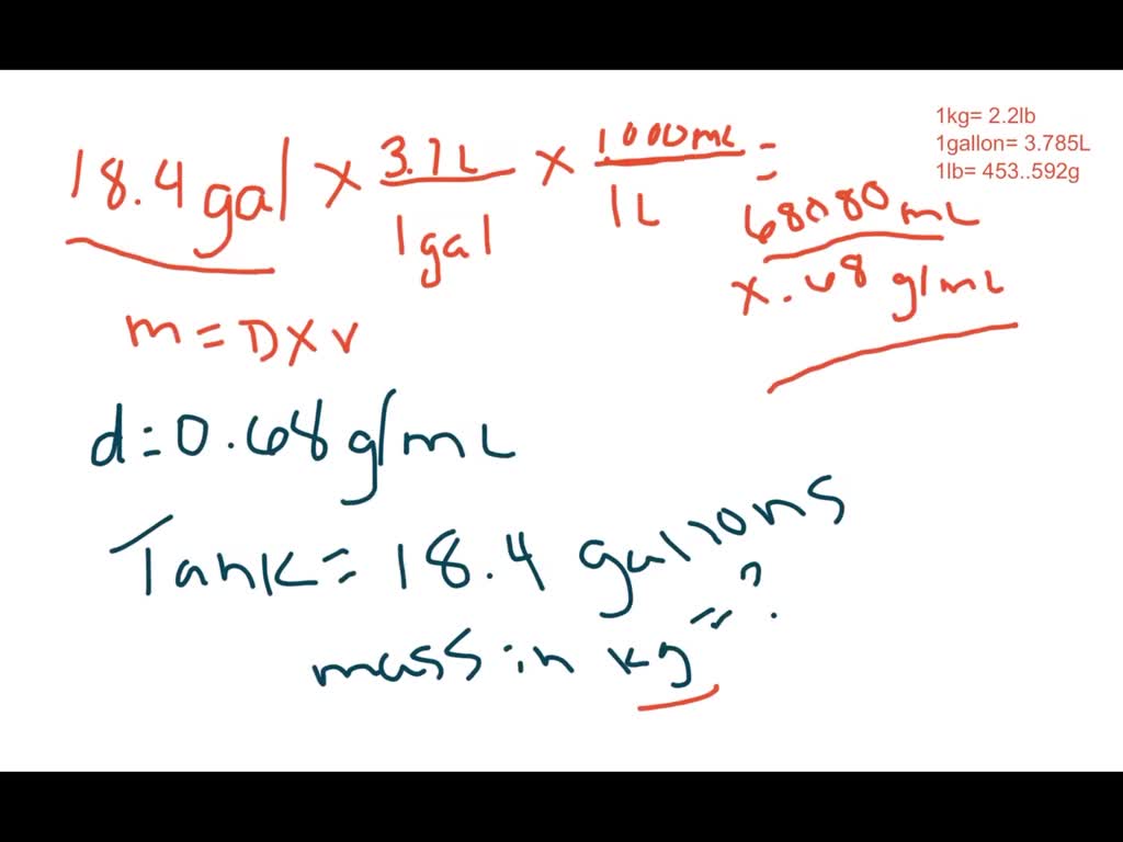 SOLVED: The density of gasoline is 0.68 g/mL. A vehicle’s gas tank ...