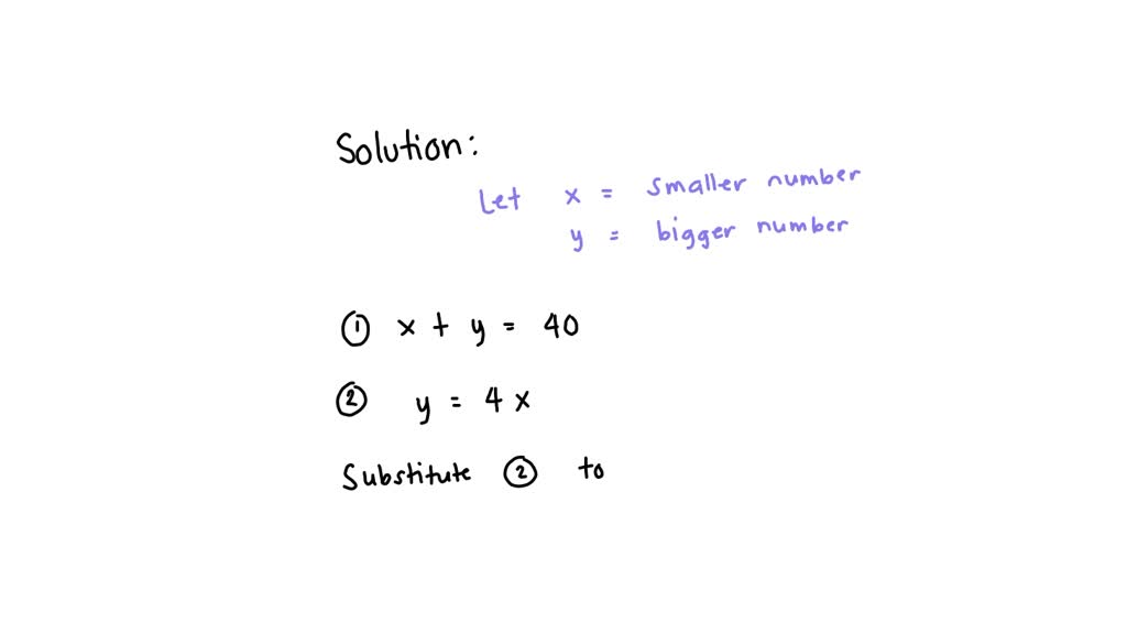 SOLVED: The sum of two numbers is 40. One number is 4 times as large as the other. What are the ...