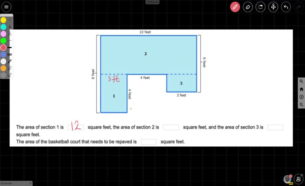 'The area of section 1 is square feet, the area of section 2 is square ...