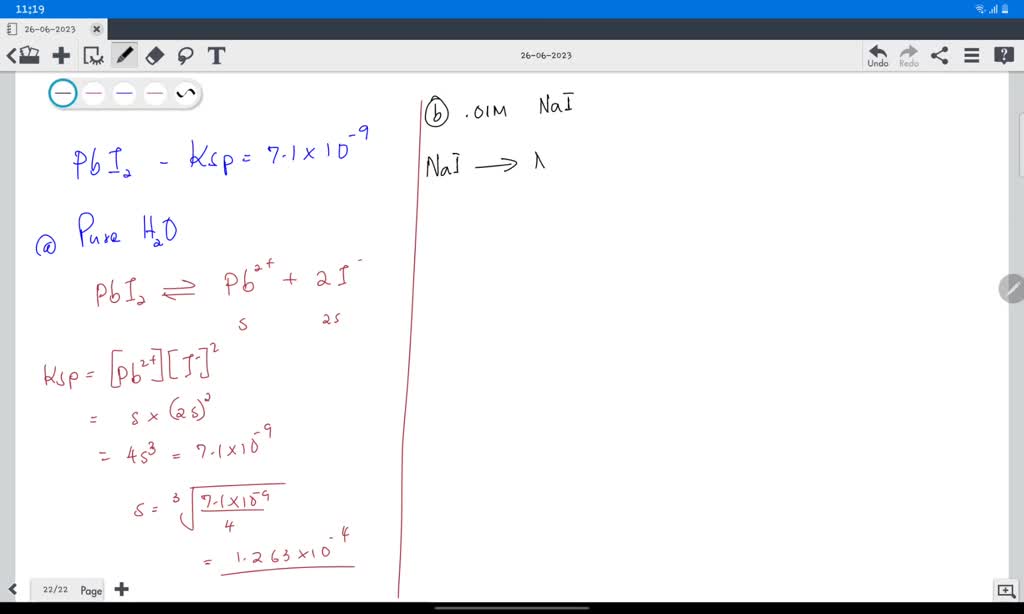 SOLVED: Find the molar solubility of PbI2, Ksp = 7.9 x 10–9 in each of ...