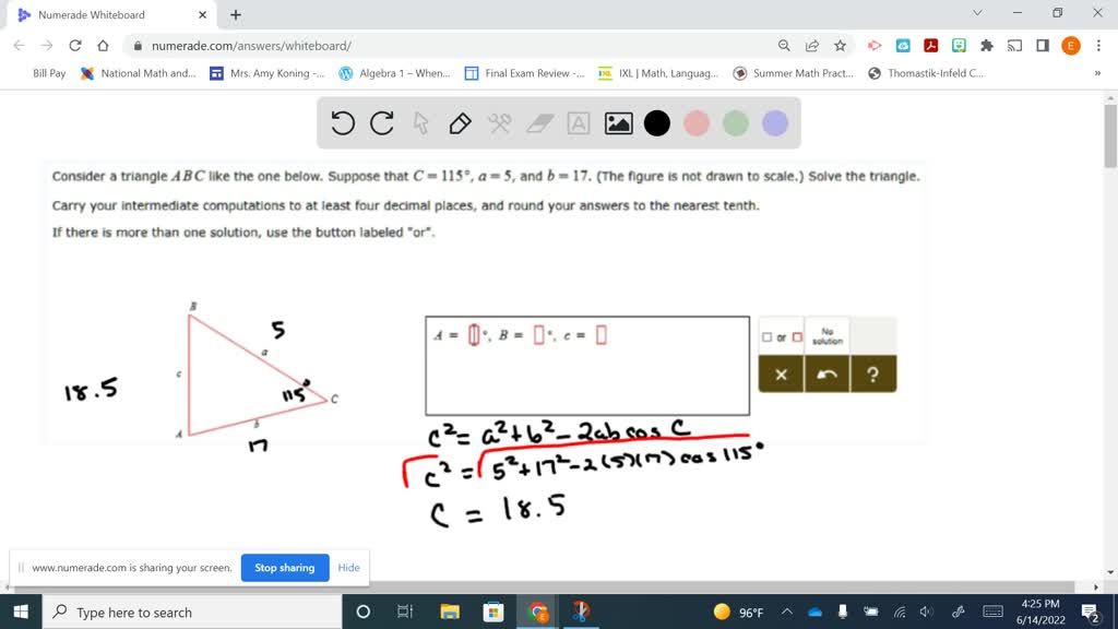SOLVED: Consider triangle ABC like the one below: Suppose that Î¸ = 115 ...