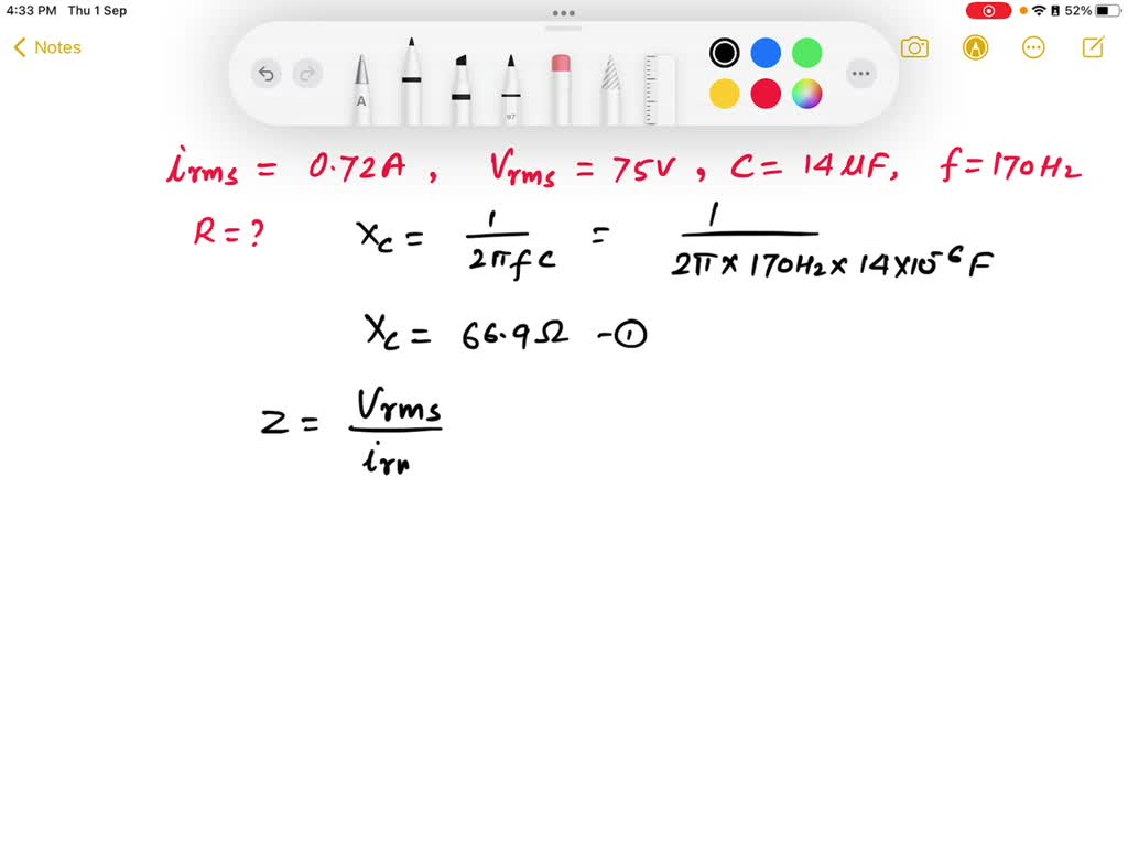SOLVED: The rms current in an RC circuit is 0.72 A . The capacitor in this circuit has a ...