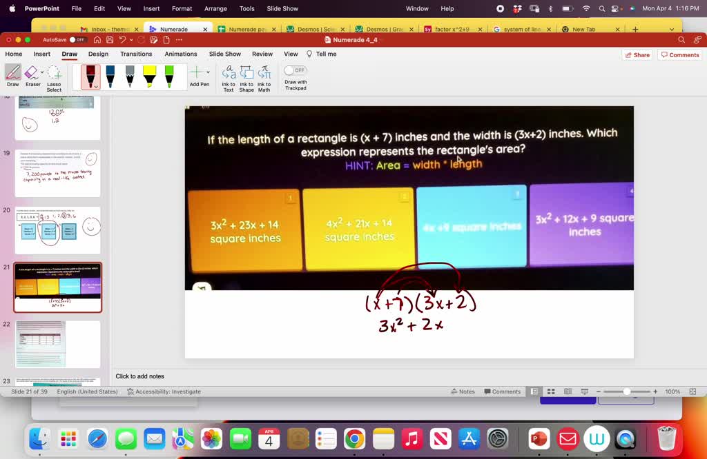 SOLVED: A rectangle has a length of 2x+7 and a width of 3x+8. Which ...