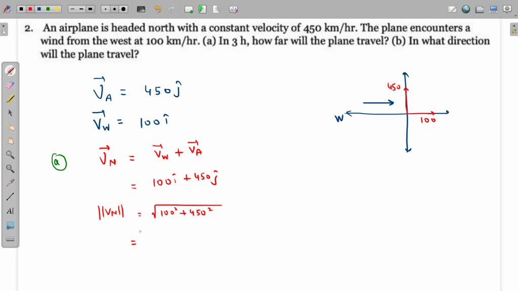 SOLVED: An airplane is headed north with a constant velocity of 450 km/hr: The plane encounters ...