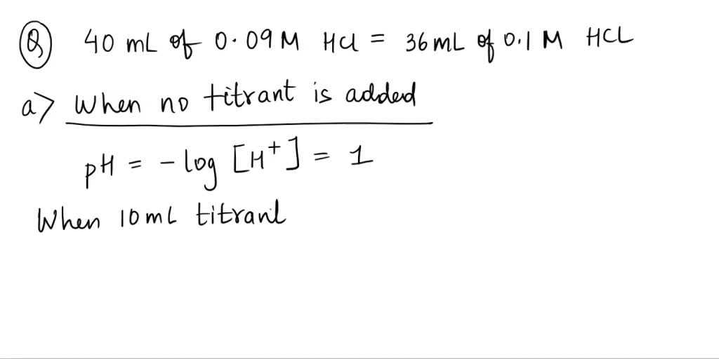 SOLVED: 40 ml of 0.0900 M HCl are diluted with water to 100 ml and titrated with 0.100M NaOH ...