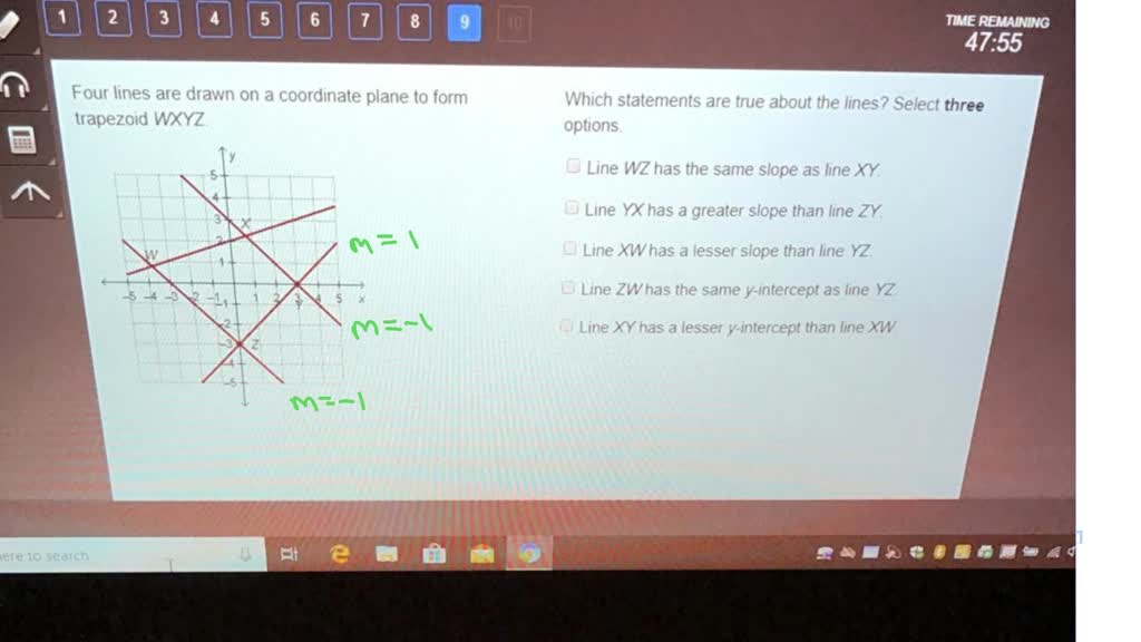 SOLVED: Help me please... TIME REMAINING 47.55 Four lines are drawn on a coordinate plane to ...