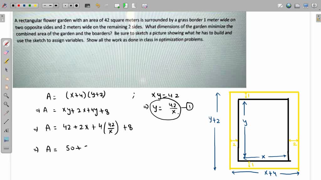 SOLVED: A rectangular flower garden with an area of 42 square meters is ...