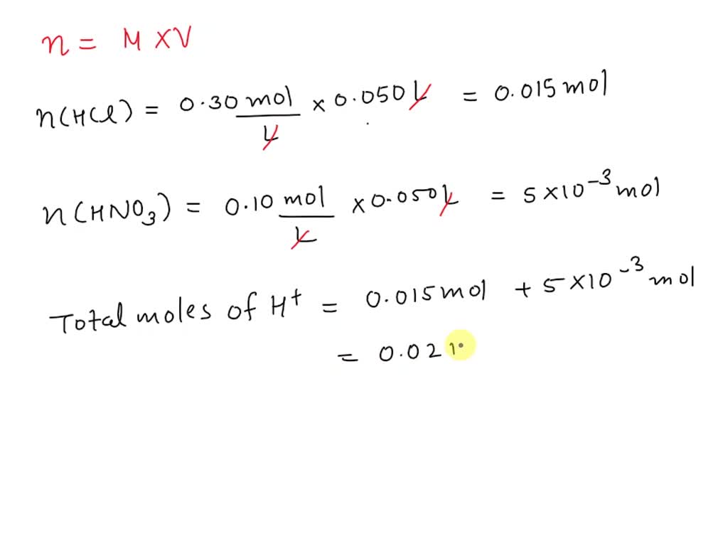 SOLVED: Calculate the pH of a solution prepared by mixing 50.0 mL of 0.30 M HCl with 50.0 mL of ...