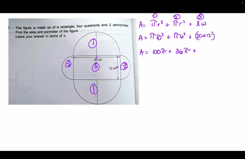 SOLVED: The figure is made up of rectangle, four quadrants a 2 semicircles Find the area and ...