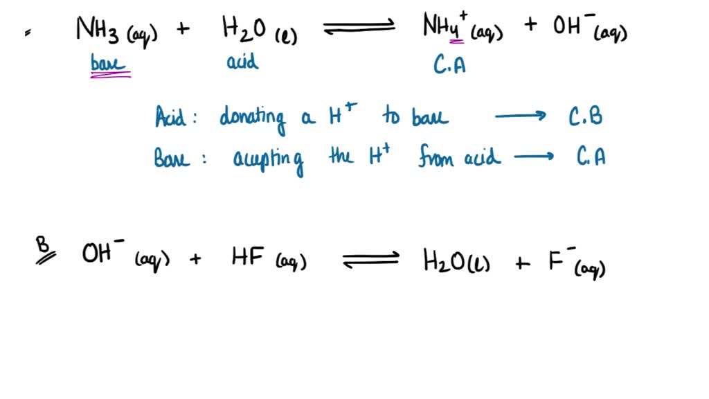 SOLVED: Complete the reactions below and identify acid base conjugate ...