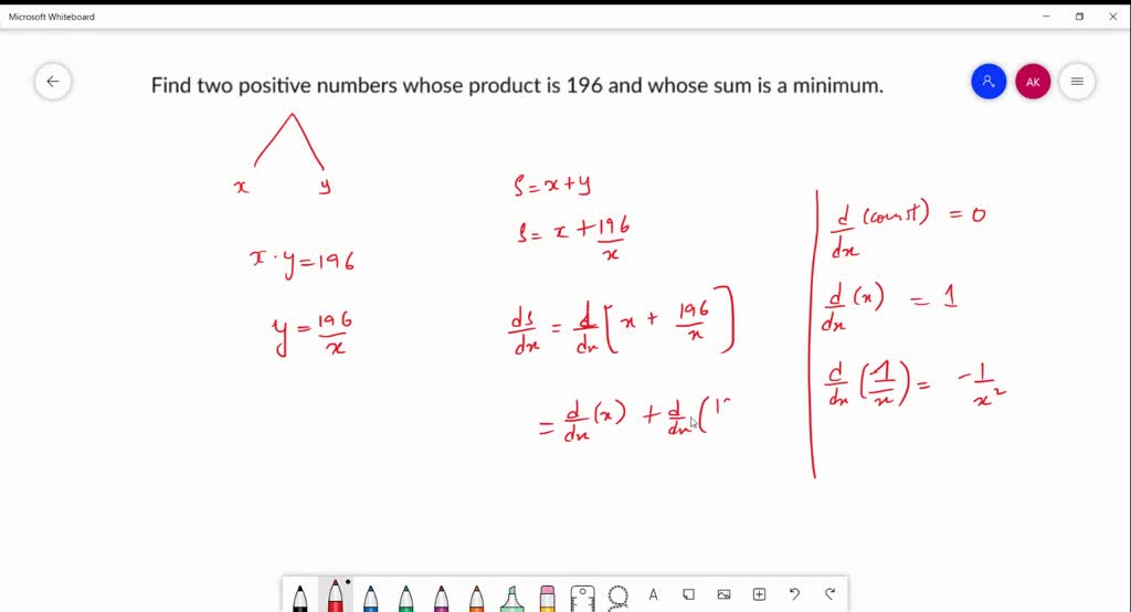 SOLVED: 2Opts Find two positive numbers whose product is 196 and whose ... SOLVED: 2Opts Find two positive numbers whose product is 196 and whose ...